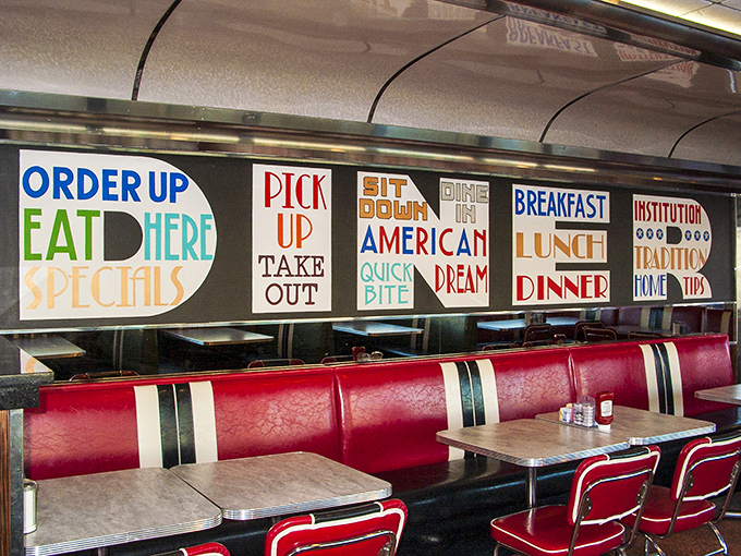 Colorful signage reminds you that you're not just eating a meal&mdash;you're participating in the "American Dream" one forkful at a time.