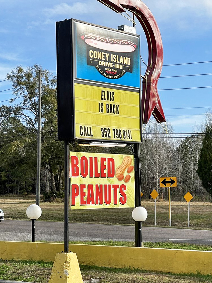 The roadside sign announces "Elvis is Back" and "Boiled Peanuts" &ndash; two quintessentially Southern attractions that demand equal billing.