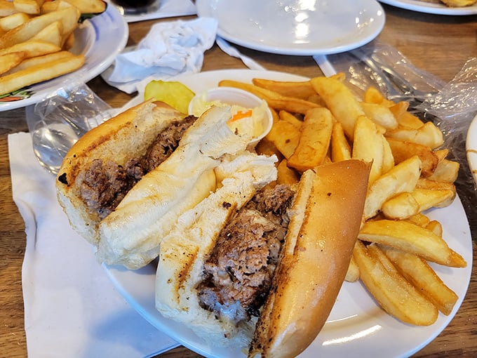 This roast beef sandwich isn't just lunch &ndash; it's an engineering marvel of tender meat, fresh bread, and fries that deserve their own fan club.