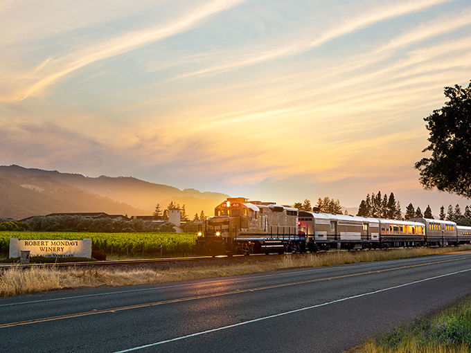 Golden hour magic as the Wine Train glides past Robert Mondavi Winery. Even the sunset seems to have paired itself perfectly with the journey.