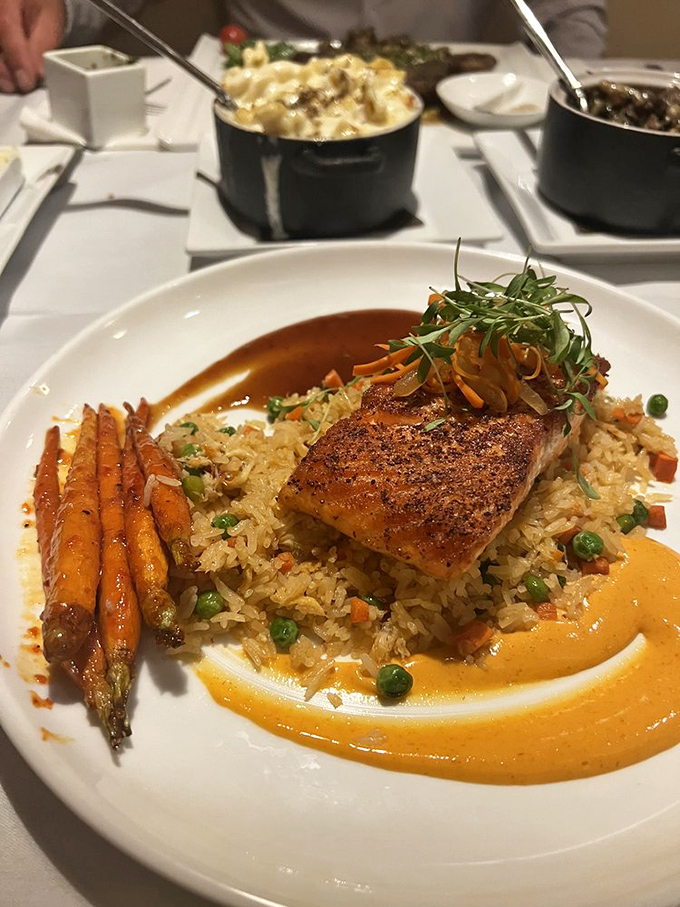 Salmon that's traveled less distance to your plate than you did to the restaurant, perched atop colorful rice like edible artwork.