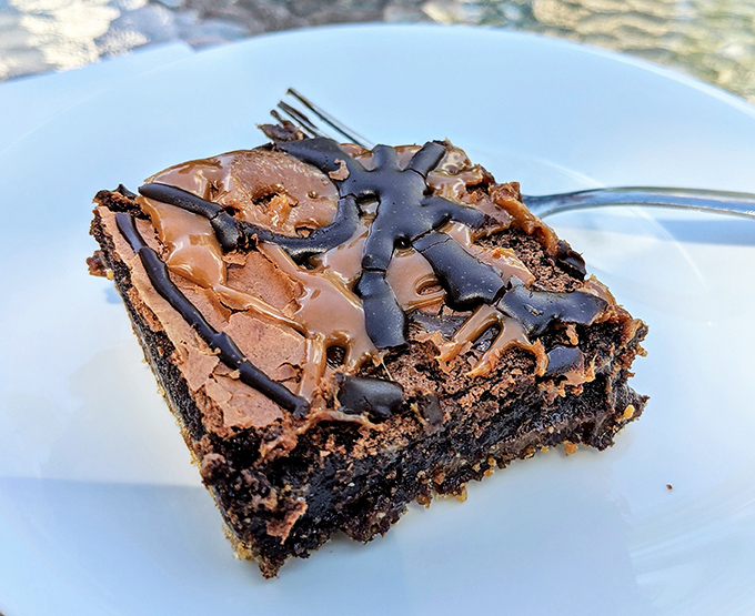 This brownie means business &ndash; chocolate on chocolate with a side of chocolate.