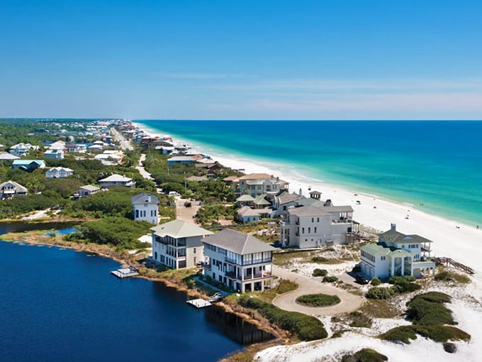 An aerial view reveals how thoughtfully this town hugs both beach and bay like a very scenic sandwich.