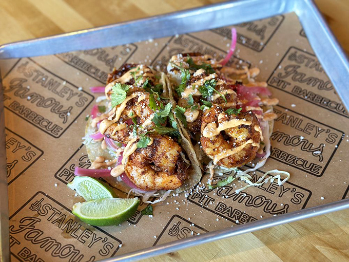 These shrimp tacos aren't just food&mdash;they're edible art, with each component carefully placed for maximum flavor and visual impact.