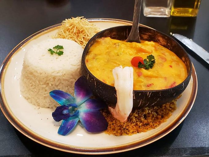 This isn't just shrimp&mdash;it's a tropical vacation on a plate, served in a coconut bowl with rice and garnished with an orchid that's almost too pretty to be near food. 