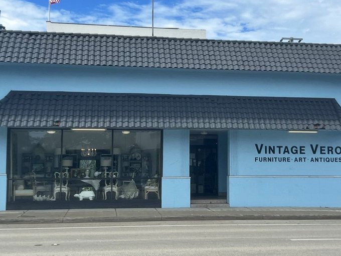 The storefront's clean lines and blue exterior make Vintage Vero instantly recognizable&mdash;like the cool kid on the downtown block.