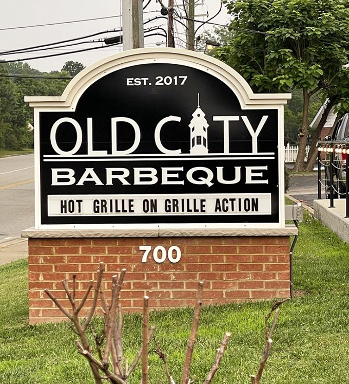 "HOT GRILLE ON GRILLE ACTION" proclaims the sign. When your barbecue joint has a sense of humor this good, you know the food won't disappoint.