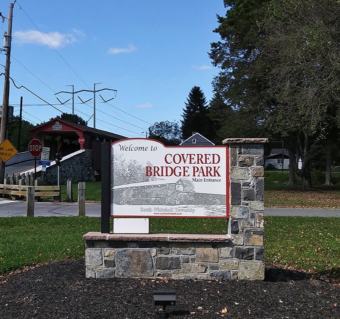 "Welcome to Covered Bridge Park"&mdash;a sign that promises exactly what it delivers, unlike those "World Famous" roadside attractions that leave you wondering why. 