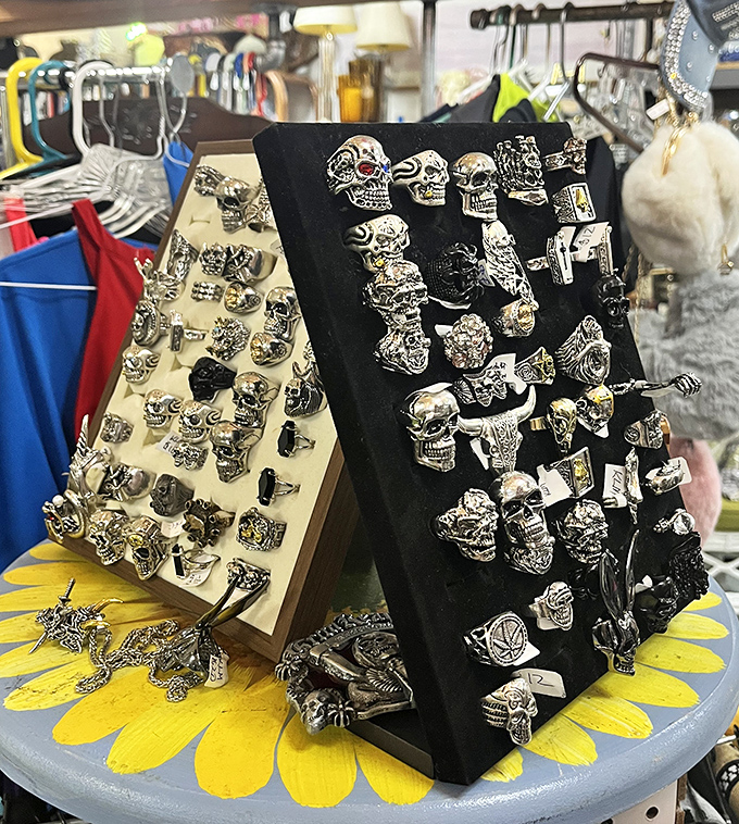 Skull rings for days – because nothing says "I'm retired in Florida but still edgy" like silver jewelry that would make a pirate jealous.
