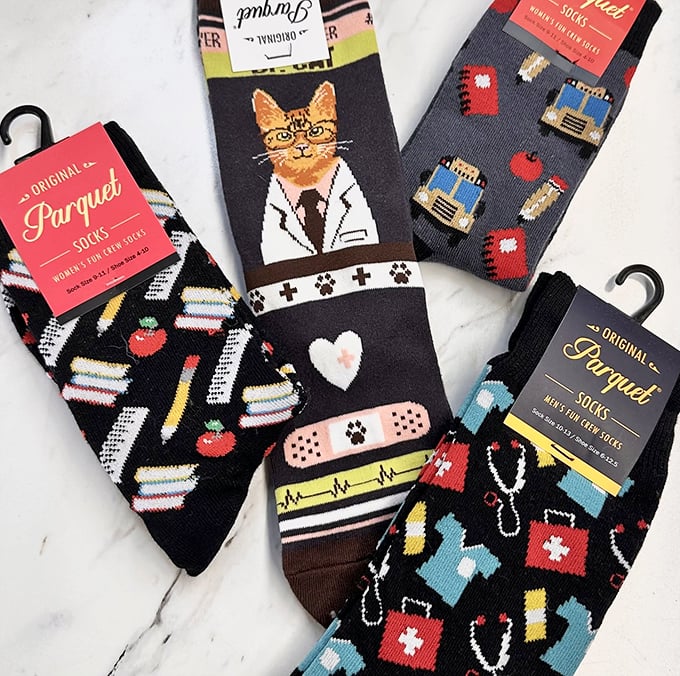 Sock drawer looking sad? These whimsical foot coverings featuring doctor cats and school supplies will cure what ails you.