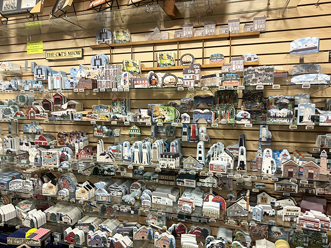 A village in miniature spreads across these shelves, each tiny building a portal to simpler times. Collect the town or just the memories.