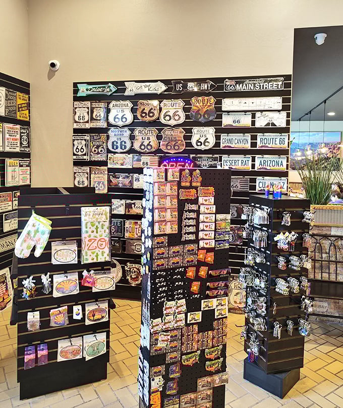 Route 66 nostalgia lines the walls with colorful souvenirs. The perfect place to browse while waiting for your table or digesting that magnificent prime rib.