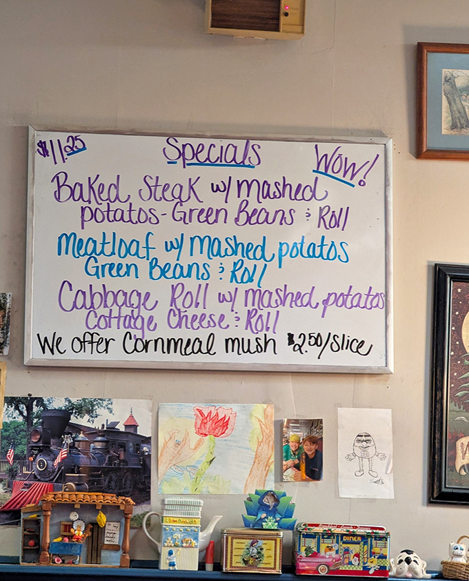 The specials board announces today's comfort food lineup with enthusiasm. "WOW!" indeed&mdash;when was the last time you saw cornmeal mush on a menu?