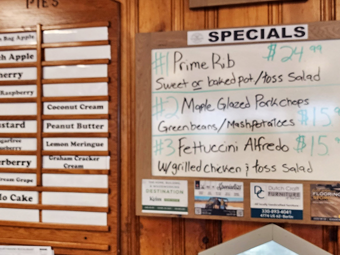 The specials board&mdash;a daily love letter to hungry patrons. Prime rib and maple-glazed pork chops aren't just meals; they're events worth celebrating.