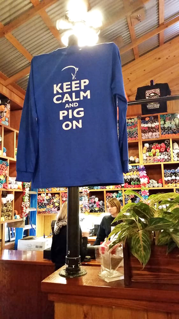The merch display rivals the food for attention. Those colorful shirts tell the world, "Yes, I've found BBQ nirvana, and no, I'm not sharing."