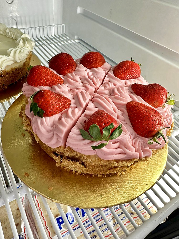 A strawberry cheesecake that doesn't just celebrate fruit – it throws a full-on parade for it, complete with a creamy pink float.