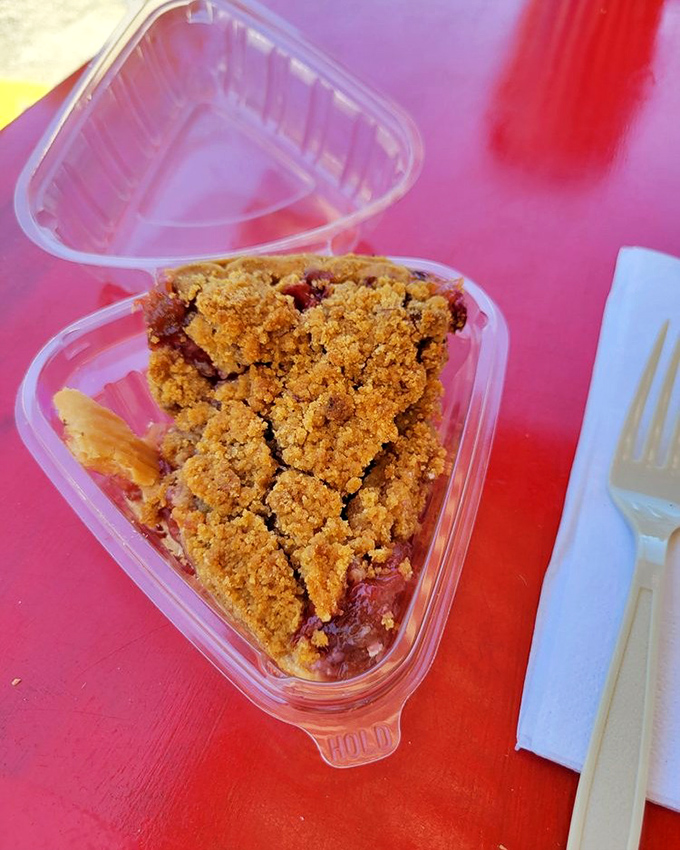 Strawberry rhubarb pie in a to-go container&mdash;because sometimes the best dining room is your car parked with a view.