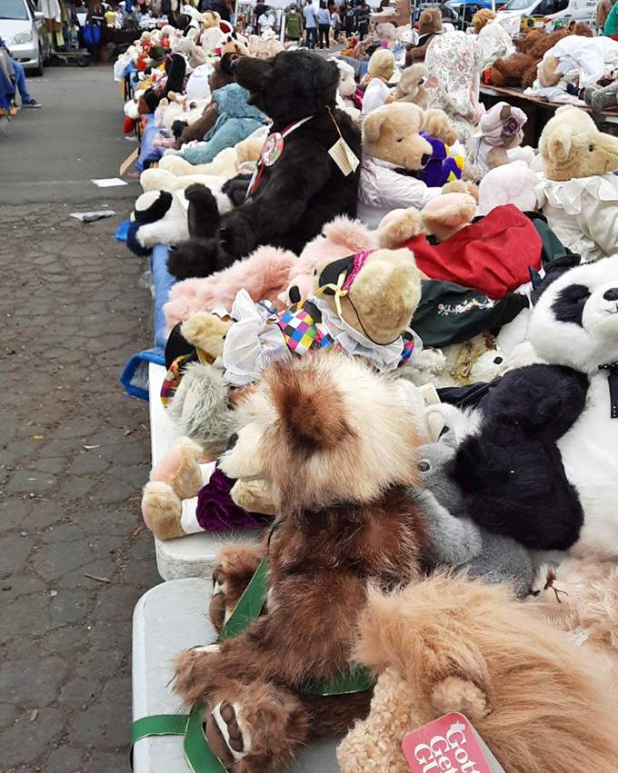 Teddy bear reunion&mdash;where childhood companions wait patiently for their next adventure with new owners and fresh hugs.