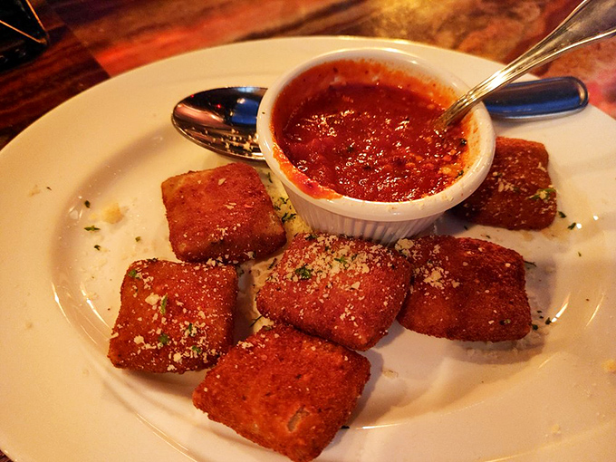 St. Louis' famous toasted ravioli &ndash; crispy on the outside, savory on the inside, and completely addictive when dipped in that bright marinara.