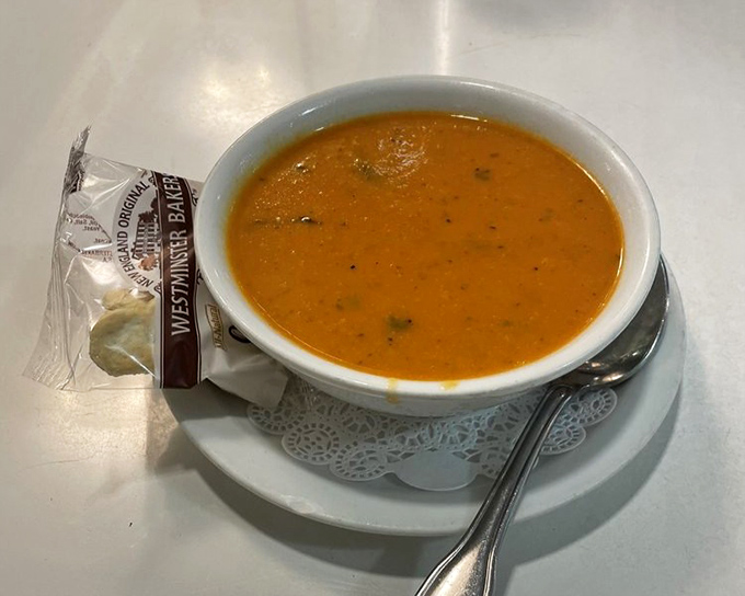 Tomato soup that doesn't come from a can, accompanied by its faithful cracker companion&mdash;comfort in a bowl that grandmother would approve.