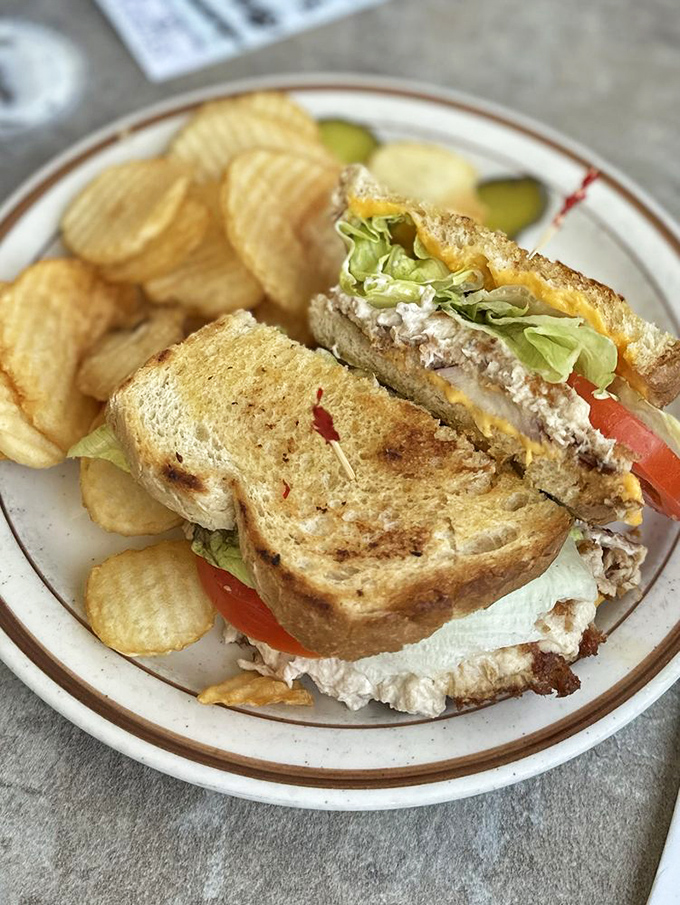 This tuna melt isn't trying to reinvent the wheel&mdash;it's just perfecting it with golden toast, generous filling, and those addictive ridged chips.