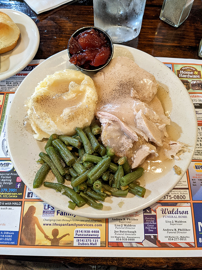 Turkey dinner that makes every day feel like a holiday, complete with green beans that actually look like vegetables rather than afterthoughts. Comfort food perfection.