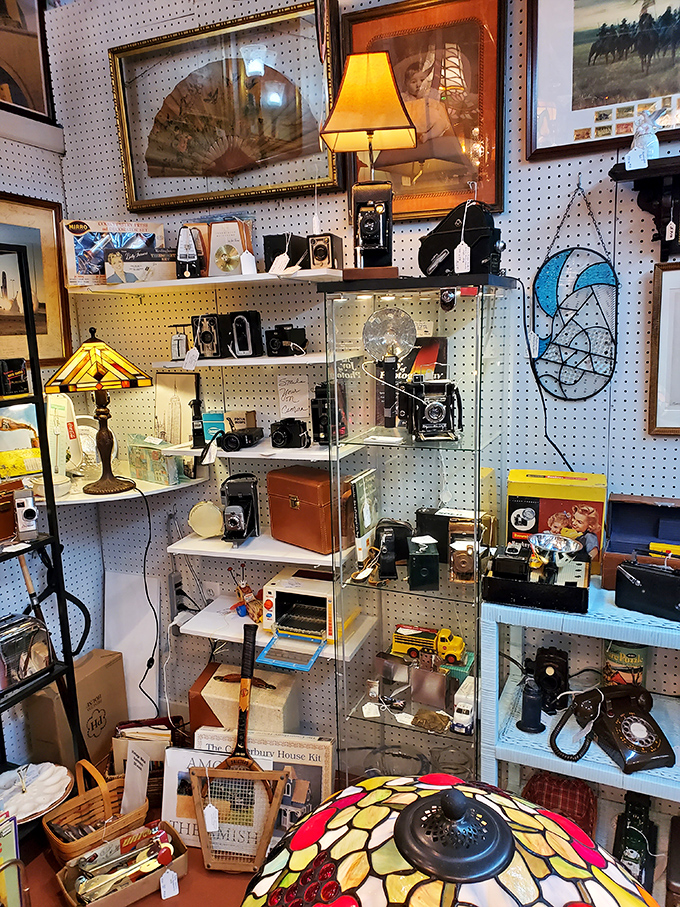 Vintage cameras and rotary phones stand like technological time capsules behind glass, reminding us that today's cutting-edge gadgets are tomorrow's collectibles.