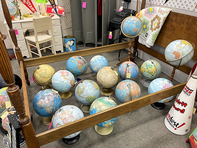 A world of possibilities contained in dozens of vintage globes. Geography lessons never looked so stylish or sparked so many daydreams.