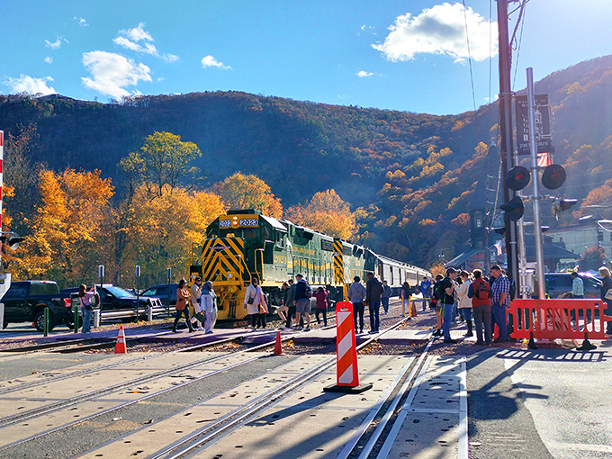 Excitement builds on the platform as the green diesel approaches, each passenger anticipating their own personal time-travel adventure through the gorge.