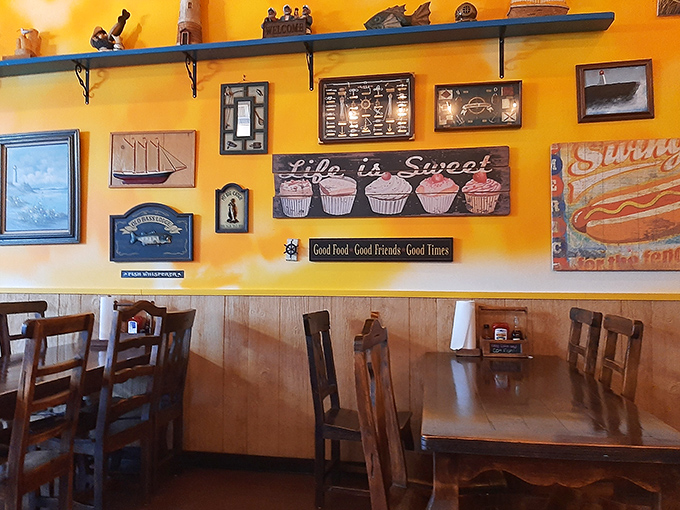 Wall d&eacute;cor that reminds you "Life is Sweet" alongside maritime memorabilia&mdash;a visual philosophy that perfectly captures Rusty's unpretentious charm.