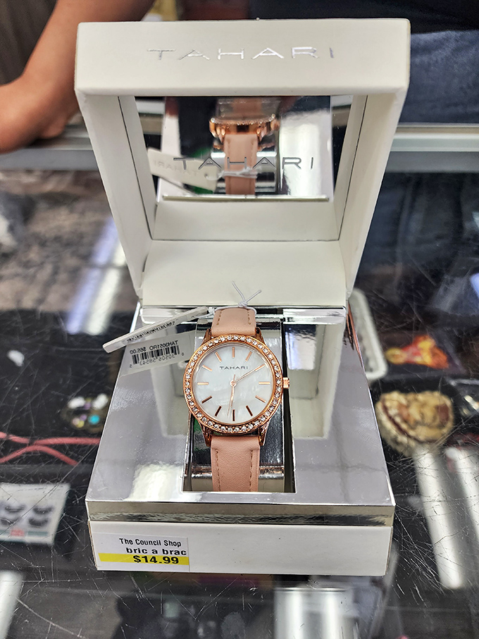 Luxury on a budget! This Tahari timepiece proves that secondhand shopping occasionally yields first-class finds at coach-class prices.