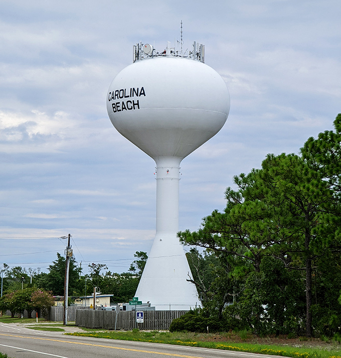 The Carolina Beach water tower stands like a giant golf ball on a tee, a landmark that says "you're almost there!"