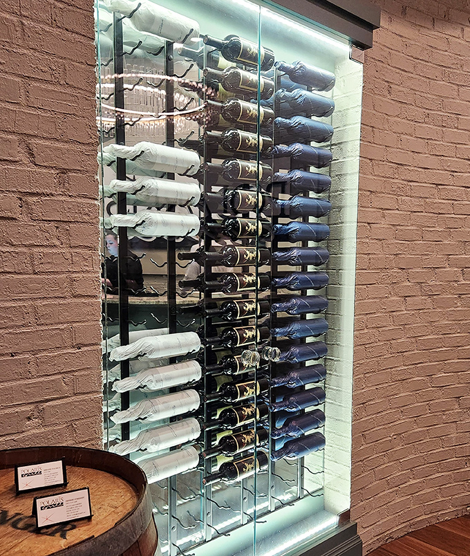 An impressive wine selection displayed like liquid artwork, promising perfect pairings for every dish on the menu.