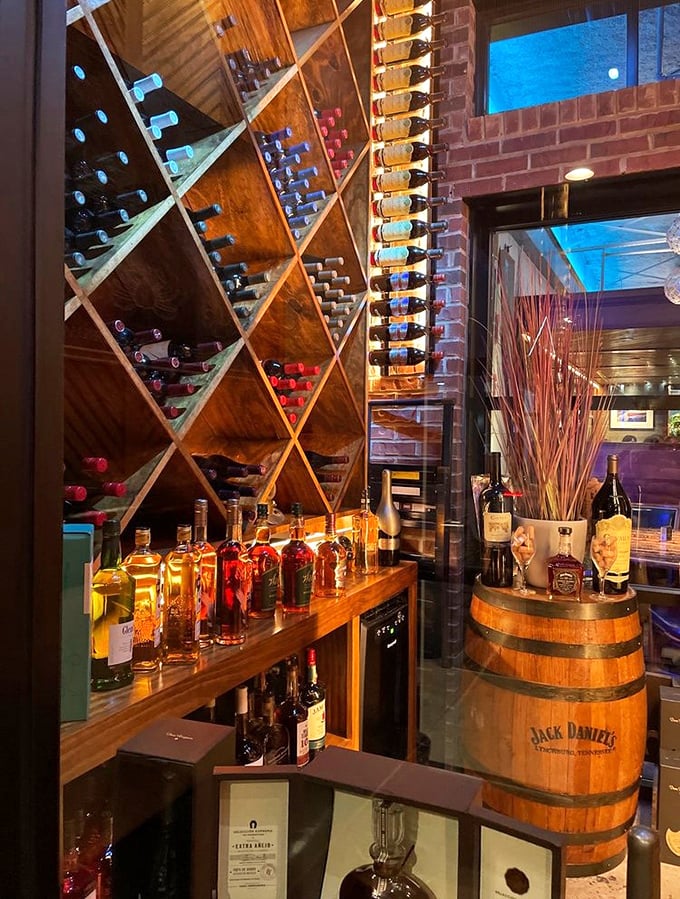 Wine storage that doubles as artwork, with bottles resting in geometric splendor waiting to complement your seafood selection.