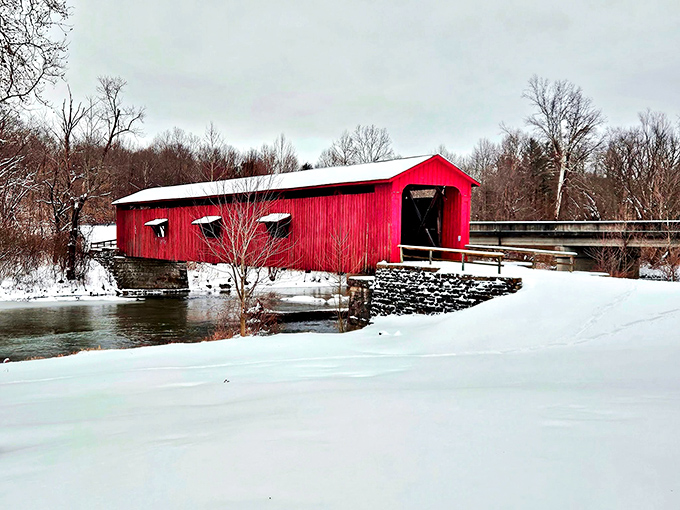 Winter transforms the scene into a serene wonderland, the bridge's red boards standing out like a cardinal against fresh snow.