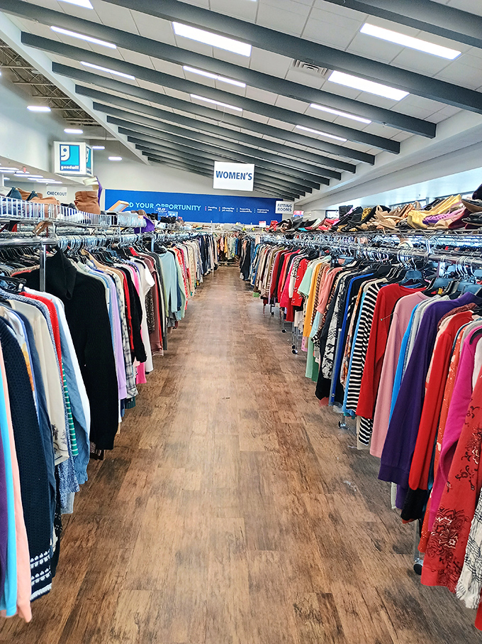 The women's section stretches toward the horizon like a textile Grand Canyon. A colorful testament to fashion's eternal cycle of reinvention.