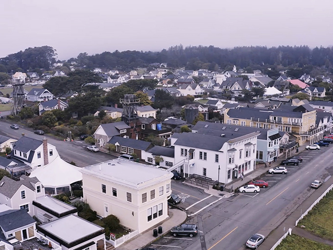 From above, Mendocino reveals its perfect proportions&mdash;a village-sized jewel box of white buildings nestled between forest green and ocean blue.