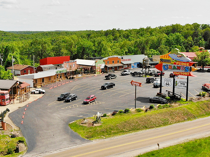 An aerial view reveals Uranus in all its glory, a colorful oasis of roadside Americana nestled among the rolling green hills of Missouri.