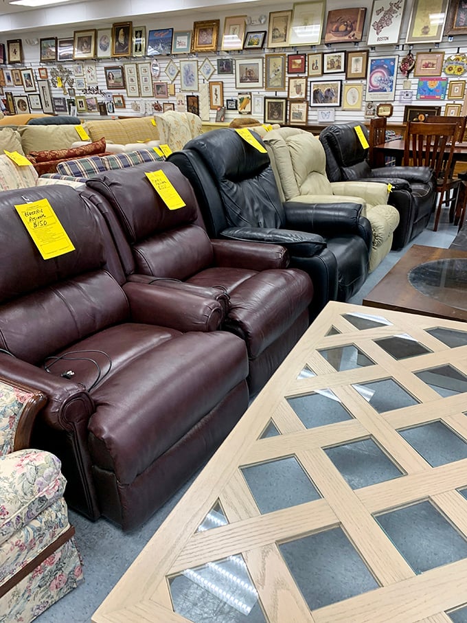 The leather recliner lineup looks like a waiting room for furniture seeking its forever home, each with that perfect broken-in comfort.