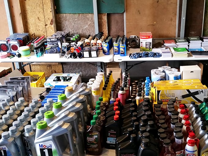 Automotive aisle or prepper's paradise? Either way, these shelves of oils and fluids remind us that practical finds mingle with whimsical ones at every turn.