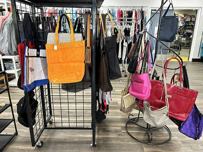 Handbag heaven for the accessory obsessed. That bright orange tote is just waiting to carry someone's farmers market haul or beach essentials.
