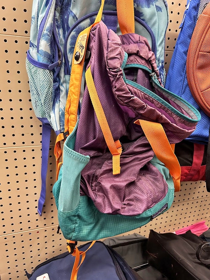 Vintage backpacks in colors that scream '90s nostalgia hang hopefully, waiting for new shoulders and fresh adventures.
