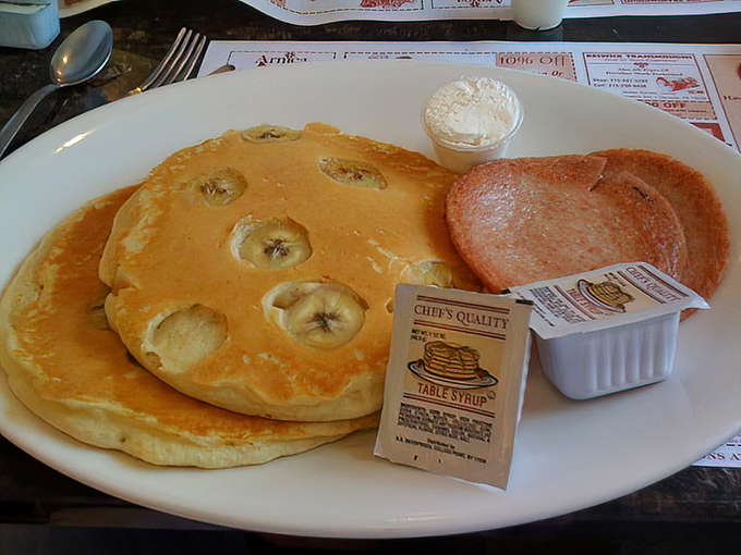 Banana pancakes that make you wonder why we don't put fruit inside all our breakfast foods. Jack Johnson wrote a song about these, I'm sure of it.