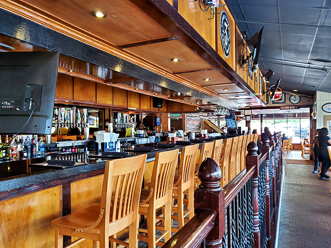 The bar at Malone's &ndash; where locals gather to debate important matters like whether the Braves' pitching staff can hold up this season.