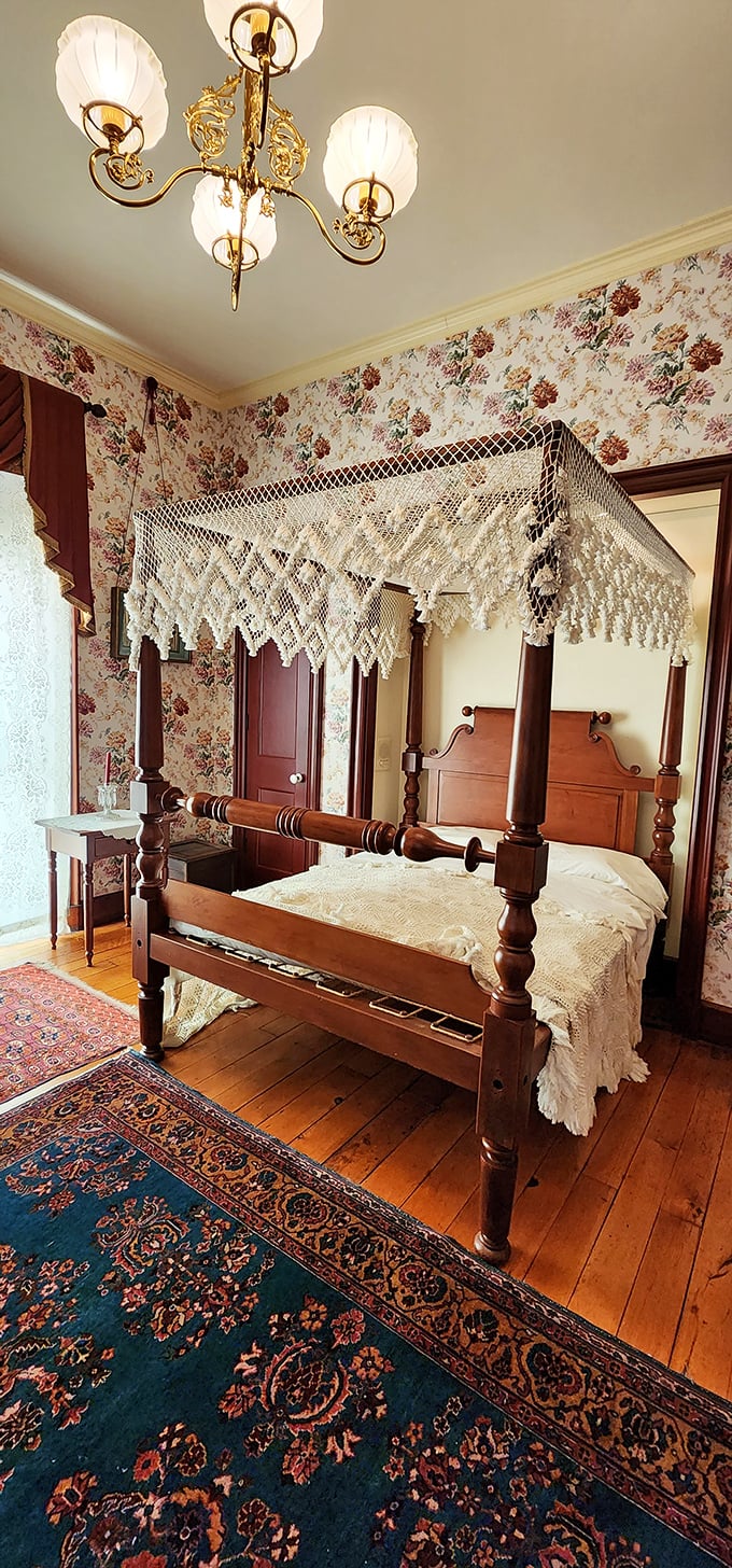 This four-poster bed with its intricate canopy reminds us that Victorians elevated sleeping to an art form. Thread count? Irrelevant.