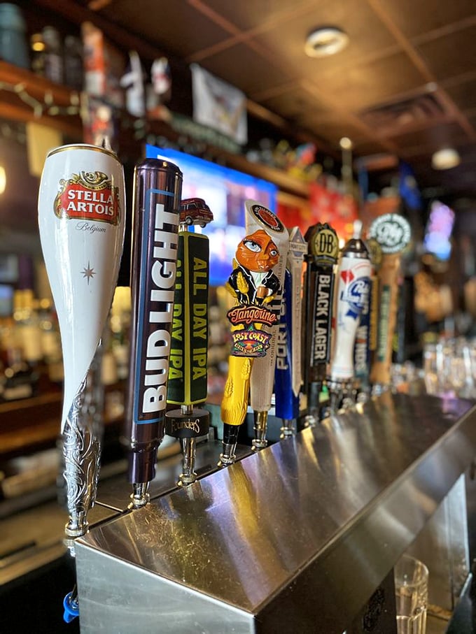 A lineup of draft beers standing at attention, ready for duty. Like a United Nations of brewing, bringing world peace one pint at a time.