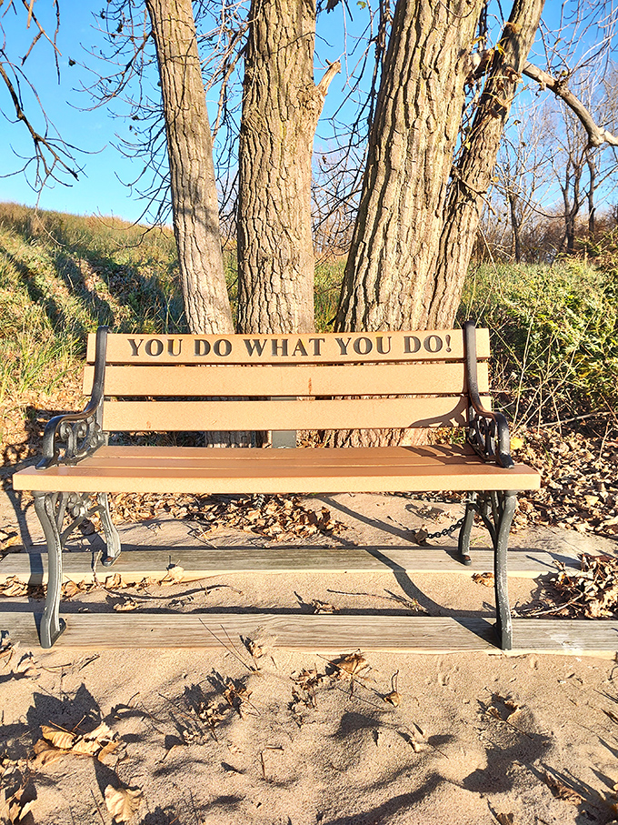 "YOU DO WHAT YOU DO!" A bench with life advice that's either profound wisdom or delightfully obvious, depending on your mood.