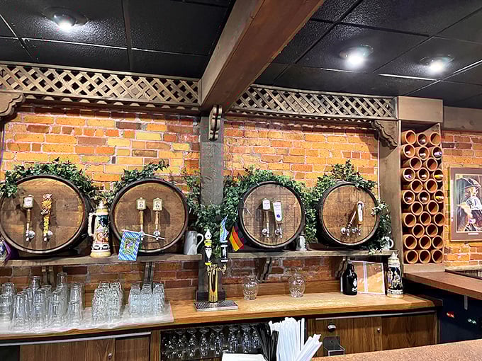 Decorative wine storage and tap handles hint at the serious beverage program awaiting discovery.