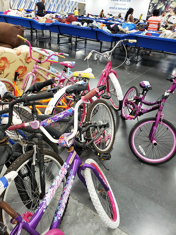 A fleet of children's bikes parked and ready for new adventures. Some still sport their training wheels, waiting for milestone moments with new families.