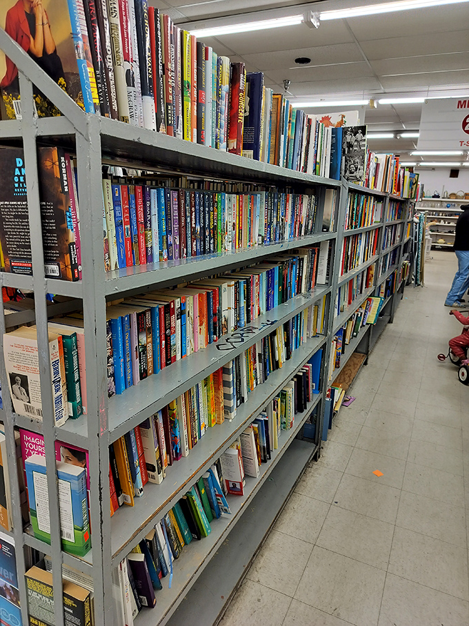 The book section resembles a library without late fees, where dog-eared paperbacks and forgotten bestsellers await readers seeking affordable literary adventures.